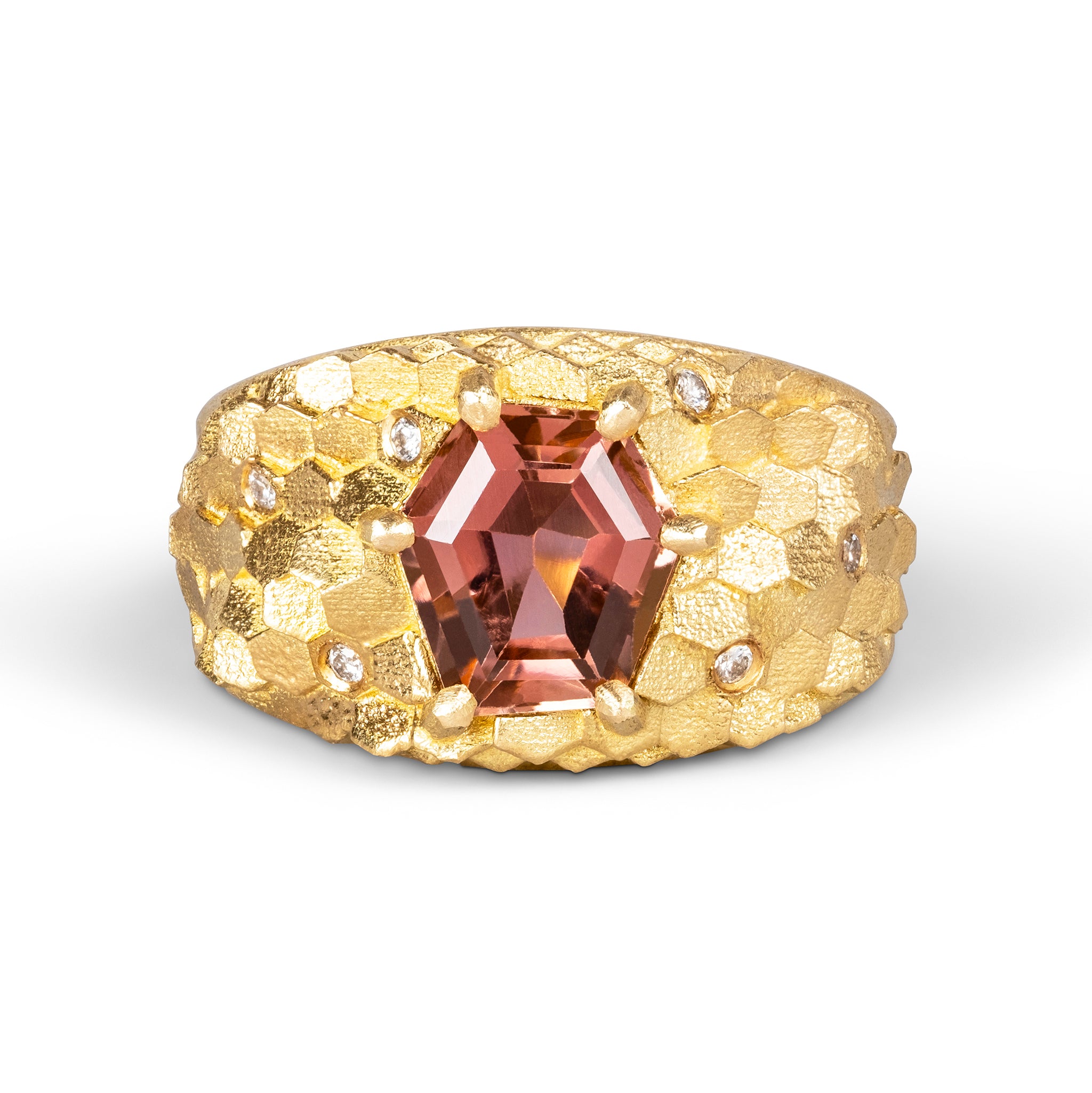 Tapered hex ring with Peachy pink tourmaline and diamonds – Jo Hayes Ward